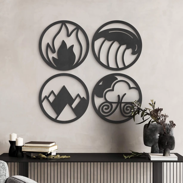Runde Wanddeko Vier Elemente - Feuer Wasser Erde Luft - MDF Natur (4 ...