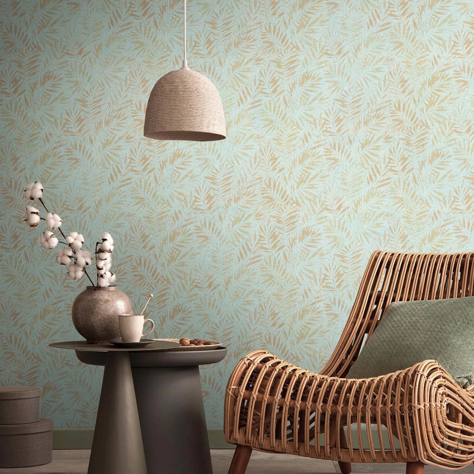 vliesbehang palmbladeren turquoise, goud - behang vlies planten ...