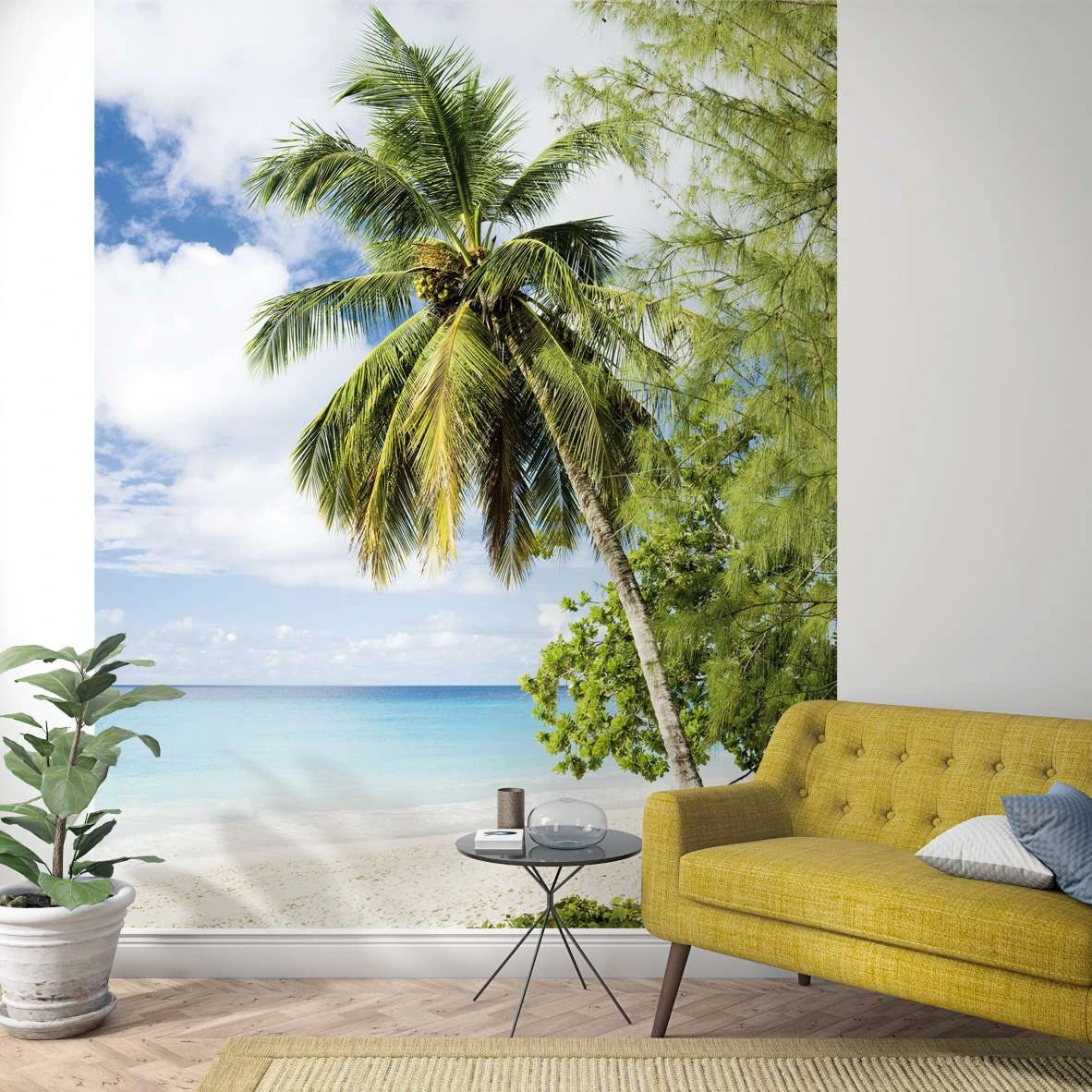 Palmboom op het strand behang Fotobehang Groen, Blauw, Bloemen 2.70 x 2 ...