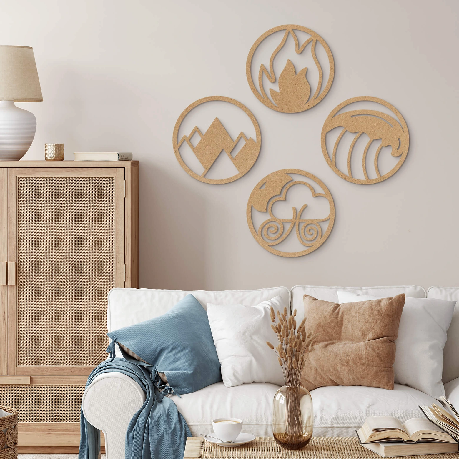 Runde Wanddeko Vier Elemente - Feuer Wasser Erde Luft - MDF Natur (4 ...