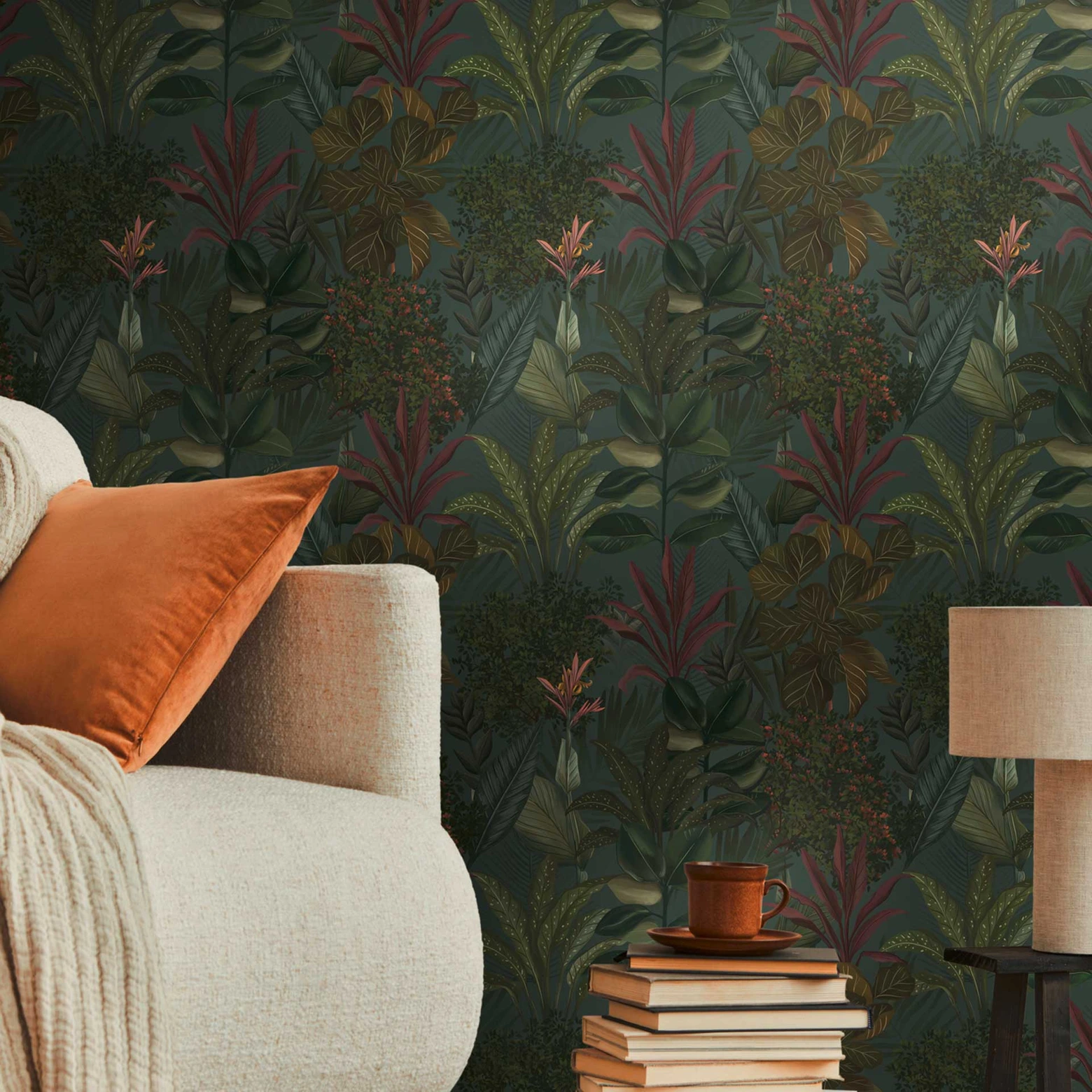 patroon behang planten en grassen donkergroen - jungle behang met ...