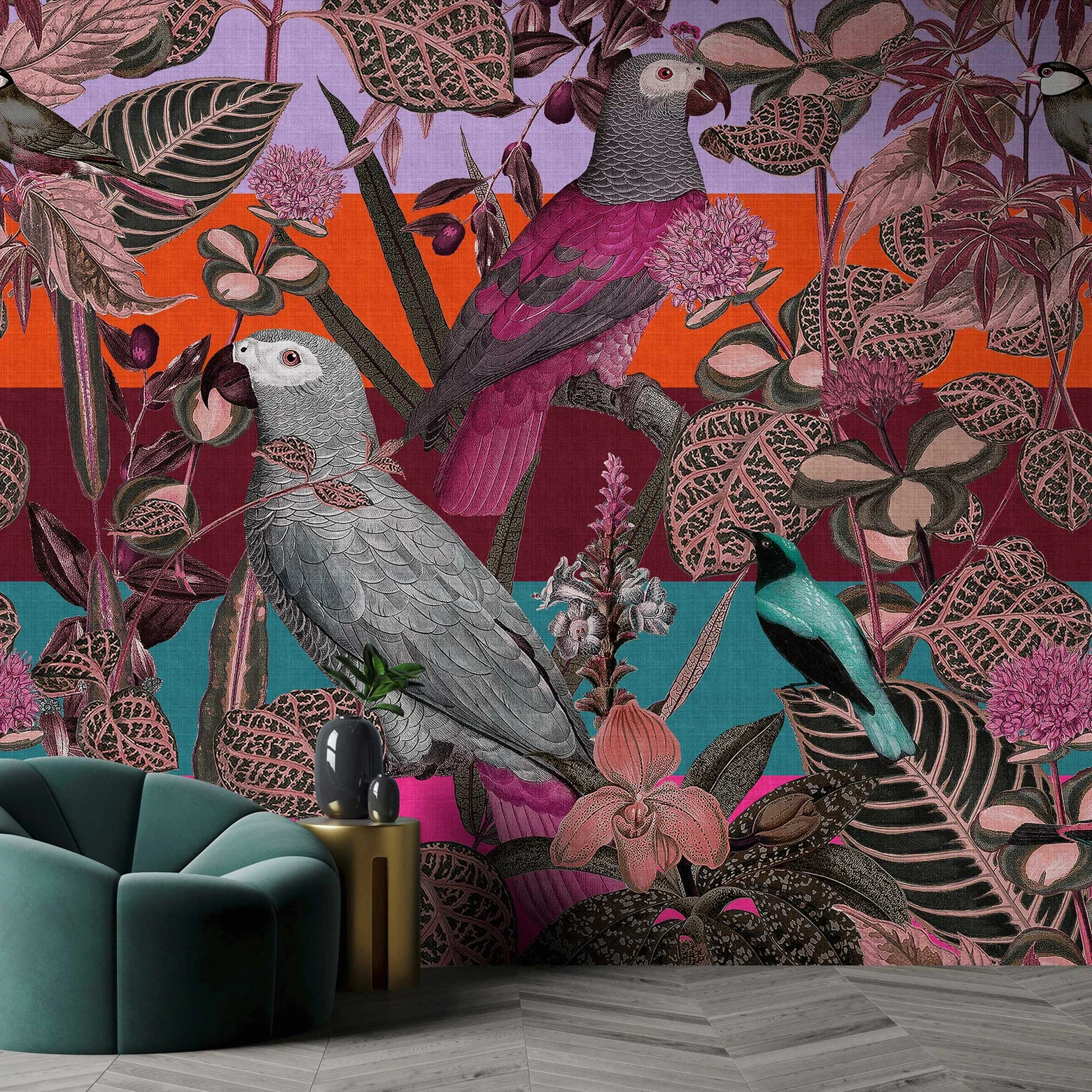 Exotisch papegaai behang - levendige jungle flora op robijnrood | wall ...