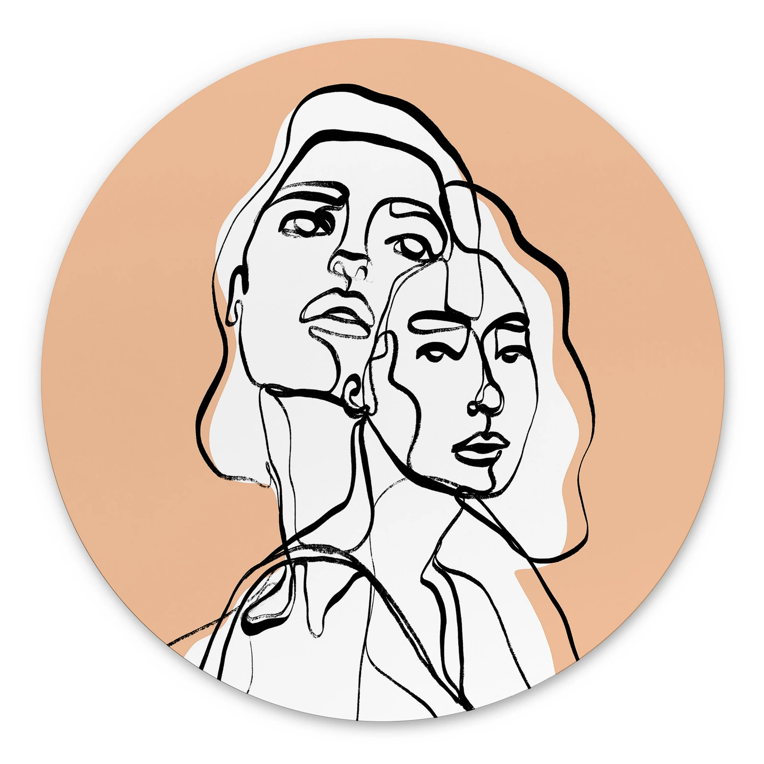 Tableau sur alu-Dibond rond Portrait de deux femmes en dessin au trait ...