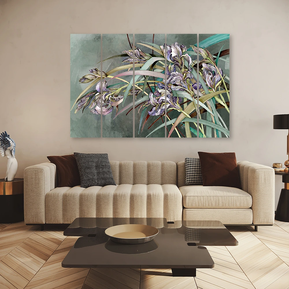 Leinwandbild 5 teilig, Iris Blumen im Wind | wall-art.de