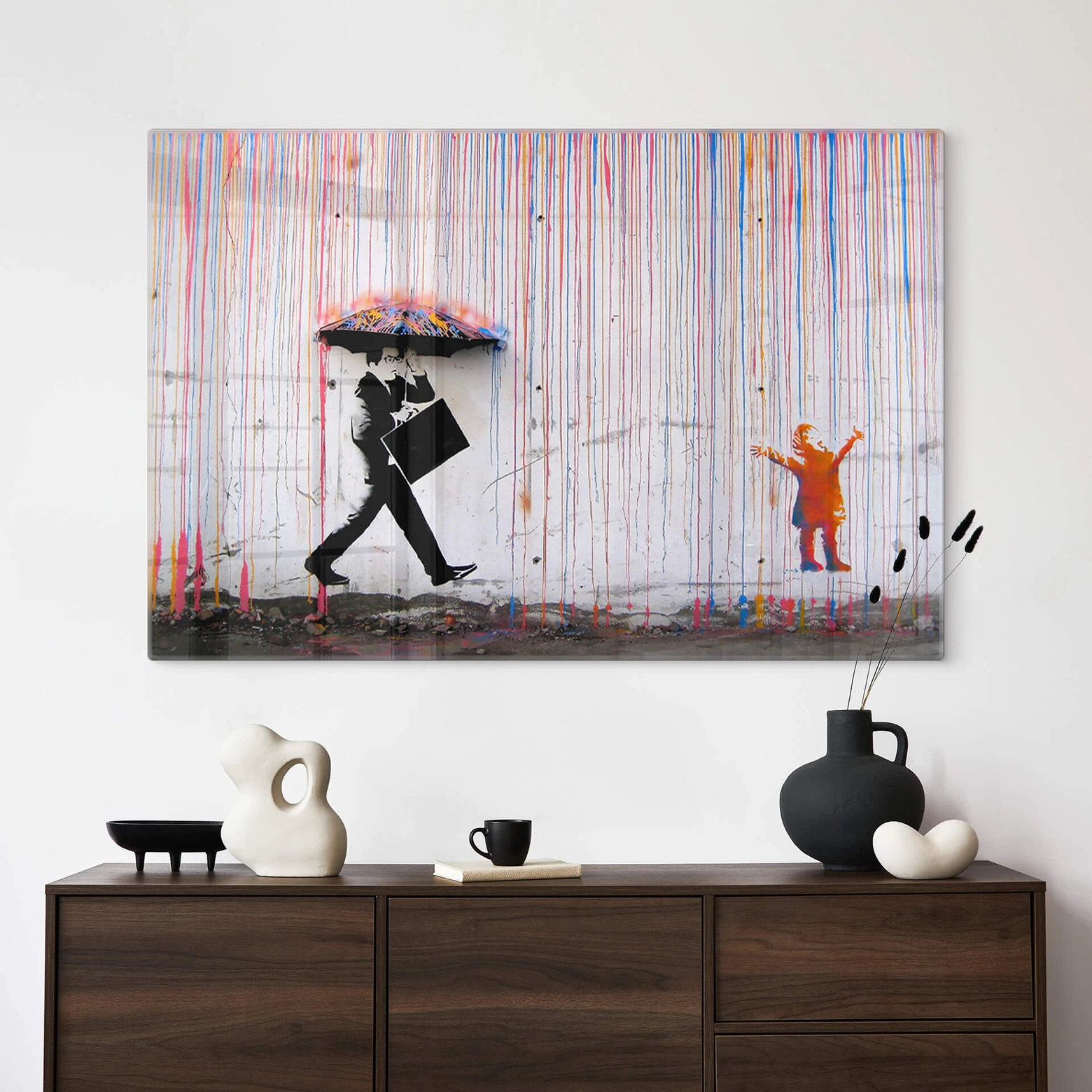 Glasschilderij Banksy - Coloured Rain | wall-art.nl