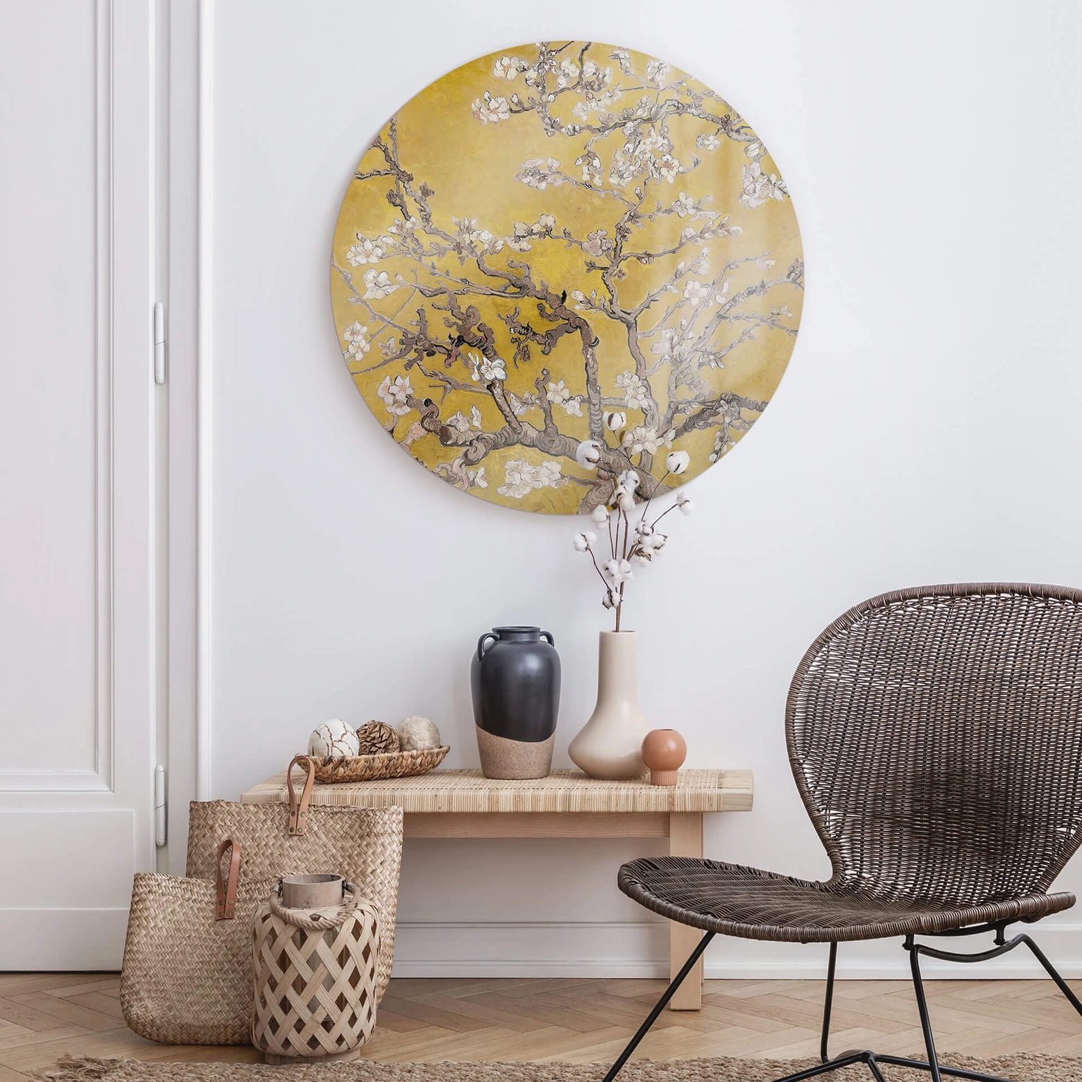 Glasbild van Gogh - Mandelblüte Ocker - Rund | wall-art.de