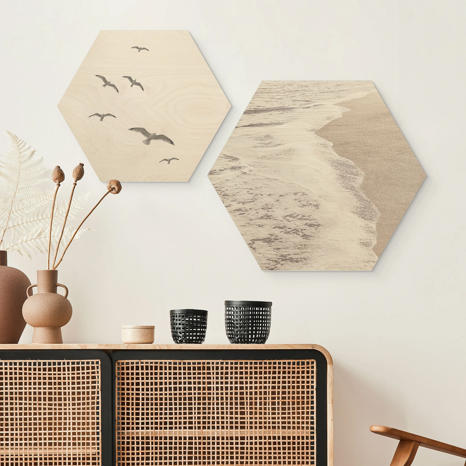 Hexagon Hout Geluid van de zee - 1X Studio | wall-art.nl
