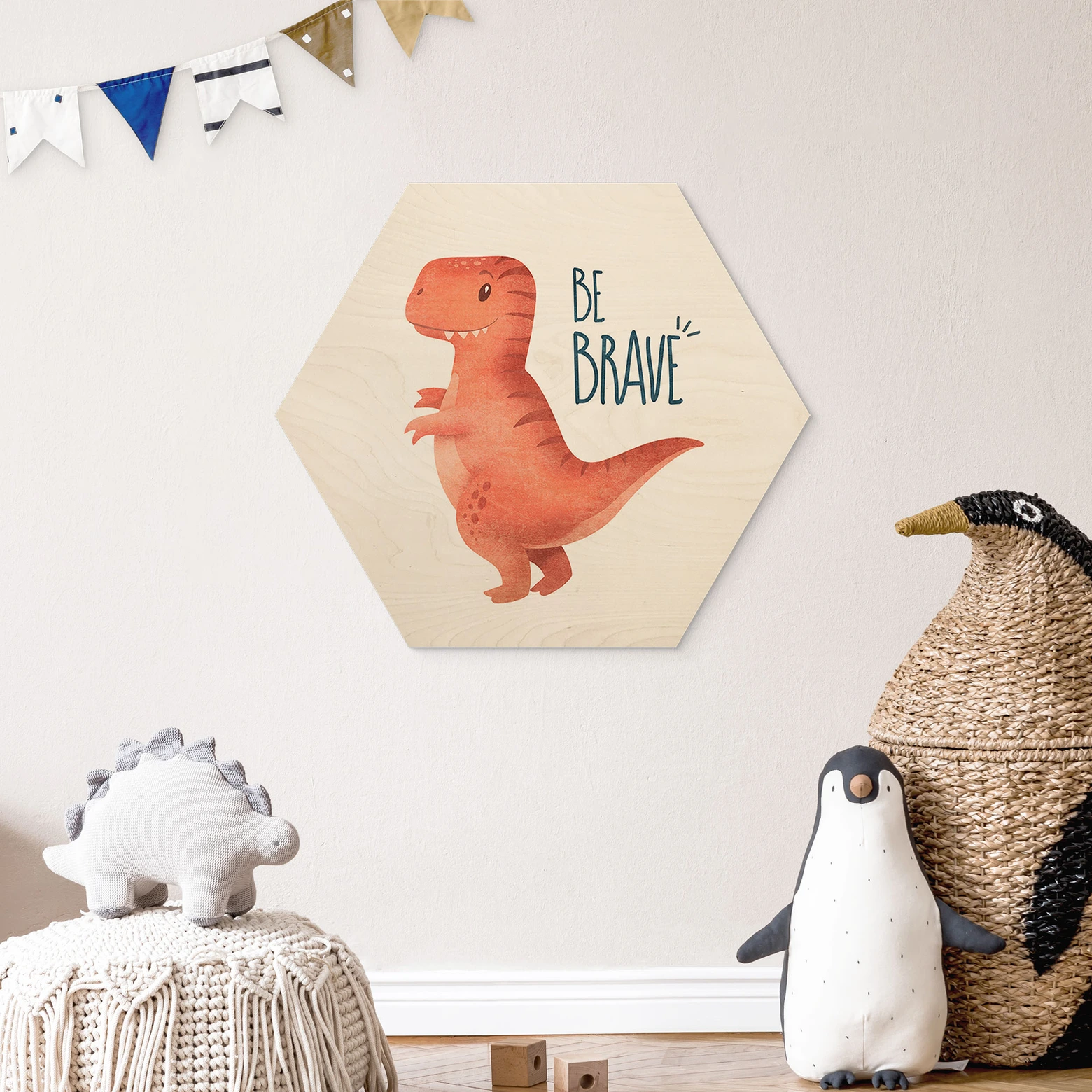 Hexagon-Holzbild Dino Be Brave - T-Rex - Tunaboylu | wall-art.de
