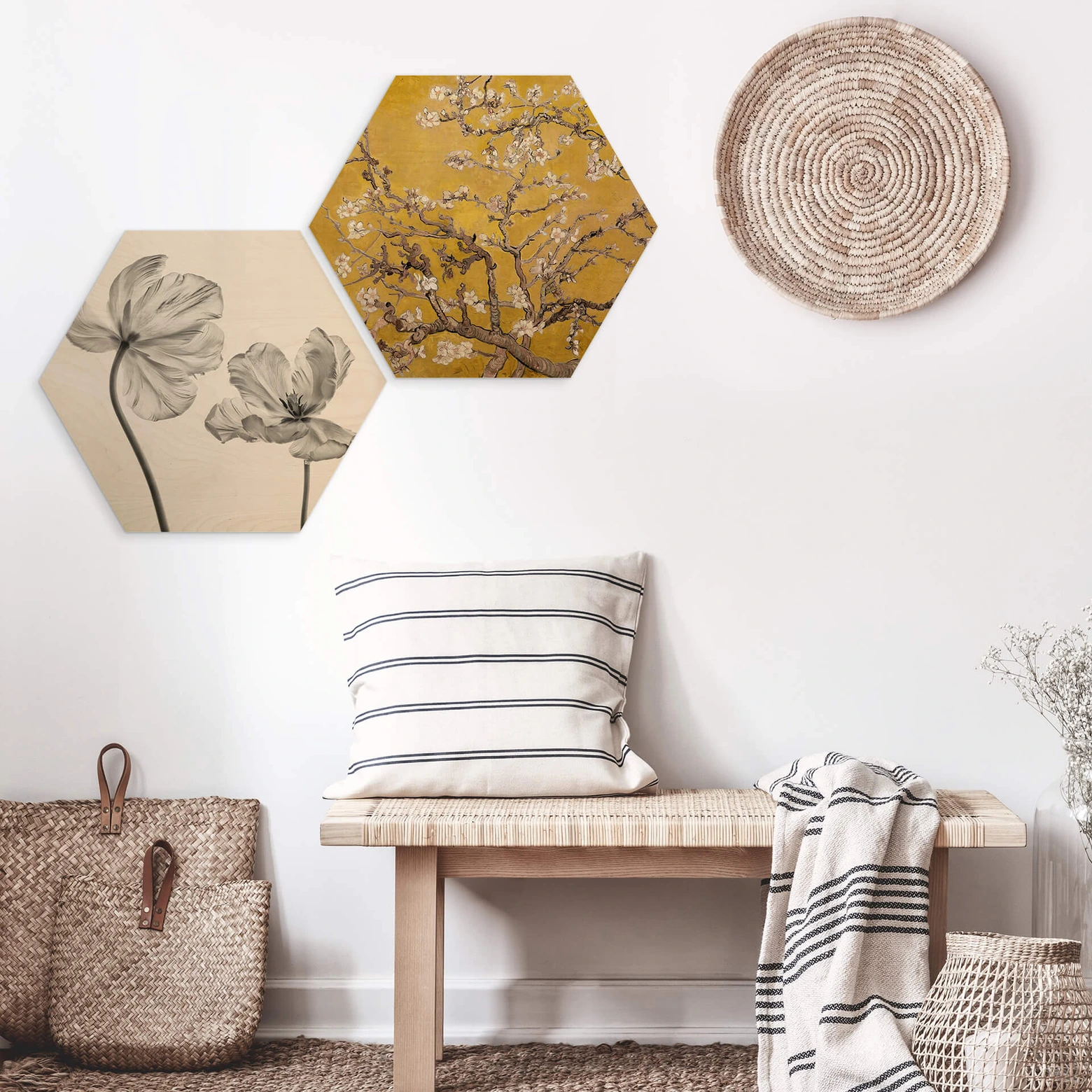 Hexagon - Holz van Gogh - Mandelblüte Ocker | wall-art.de