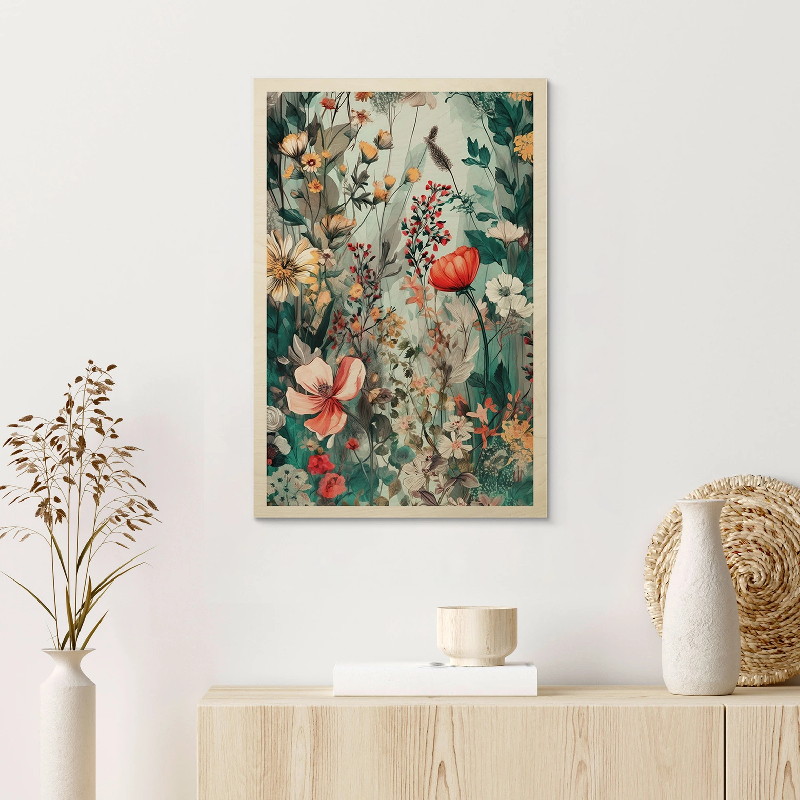 Houten Poster Lenteweide met bloemen - Jaszke | wall-art.nl