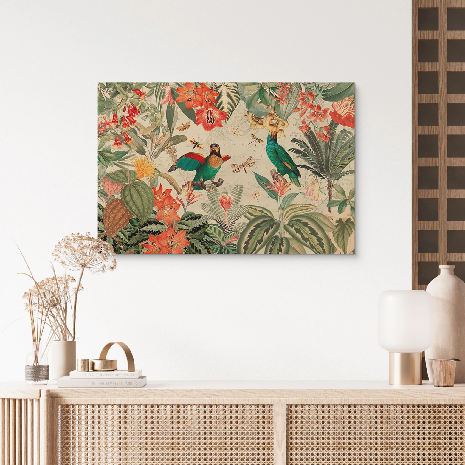 Houten Poster Exotische jungle met papegaaien - UN Designs | wall-art.nl