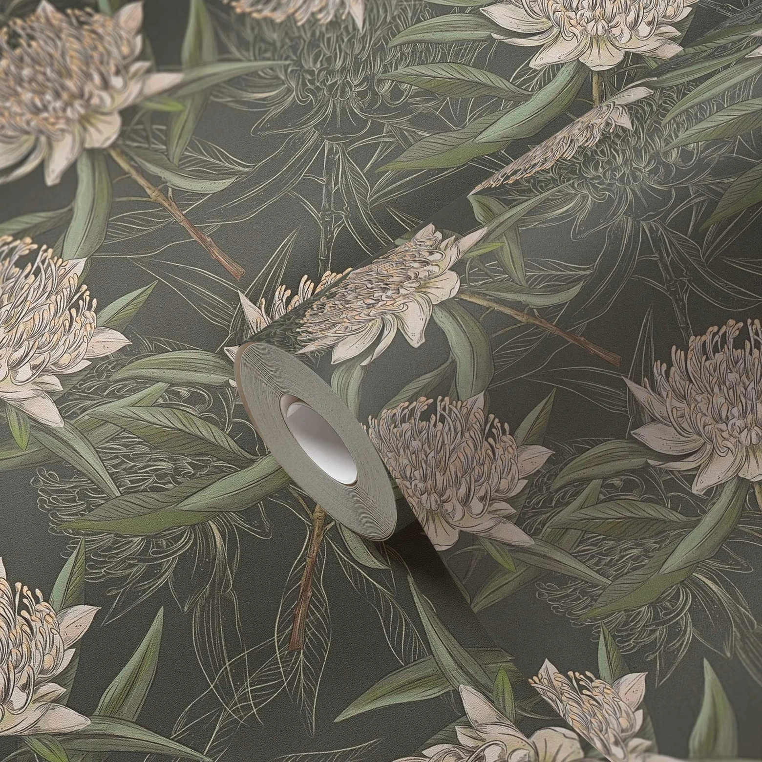 Florale Vliestapete Grün Schwarz - Blumen-Tapete mit weißen Blüten ...