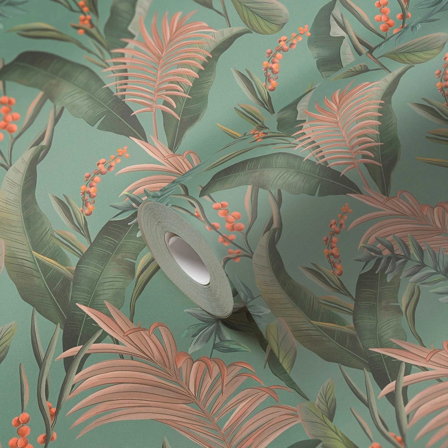 behangpapier met bladeren en grassen turquoise groen - jungle ...