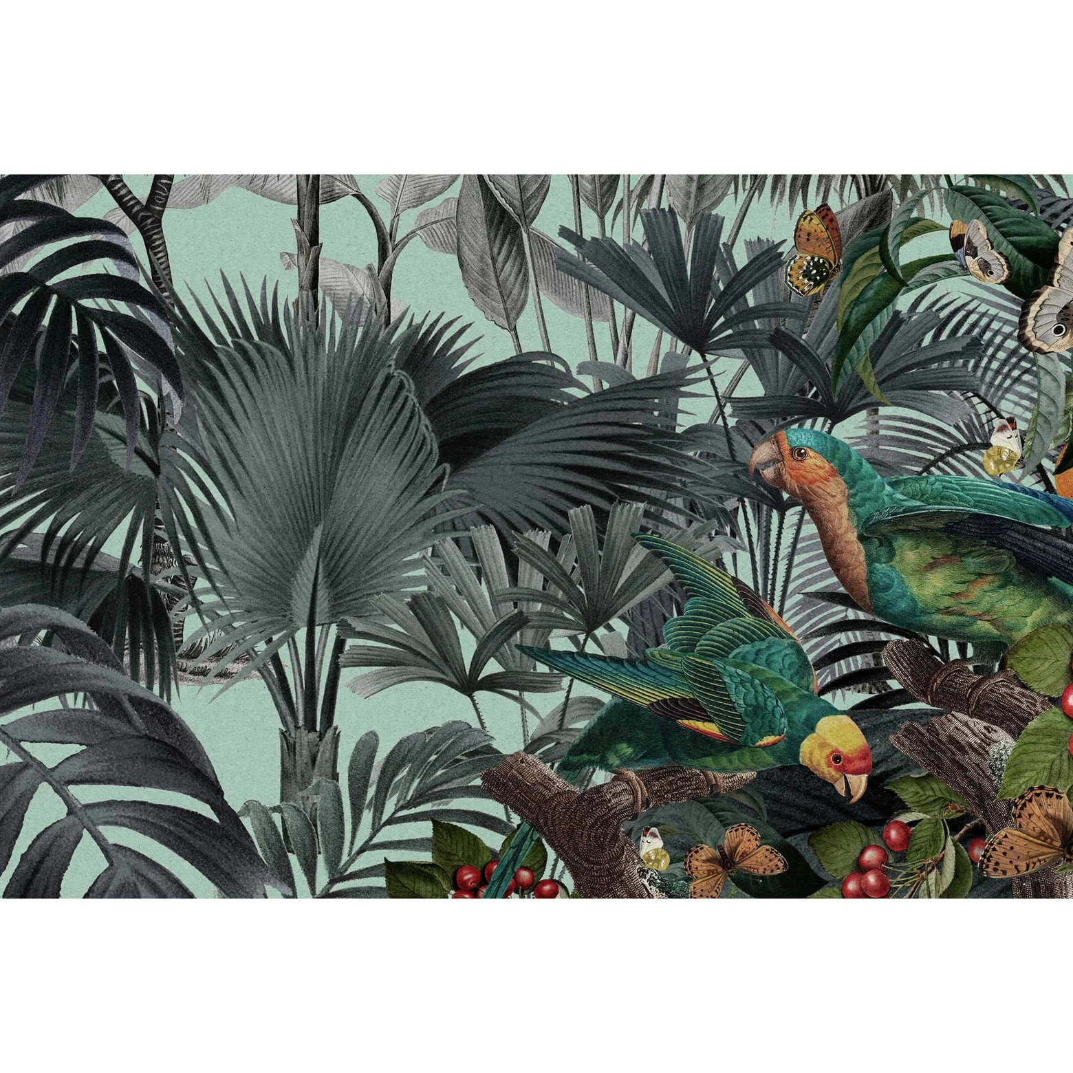 Tropisch jungle behang - papegaaien en palmbomen patroon | wall-art.nl