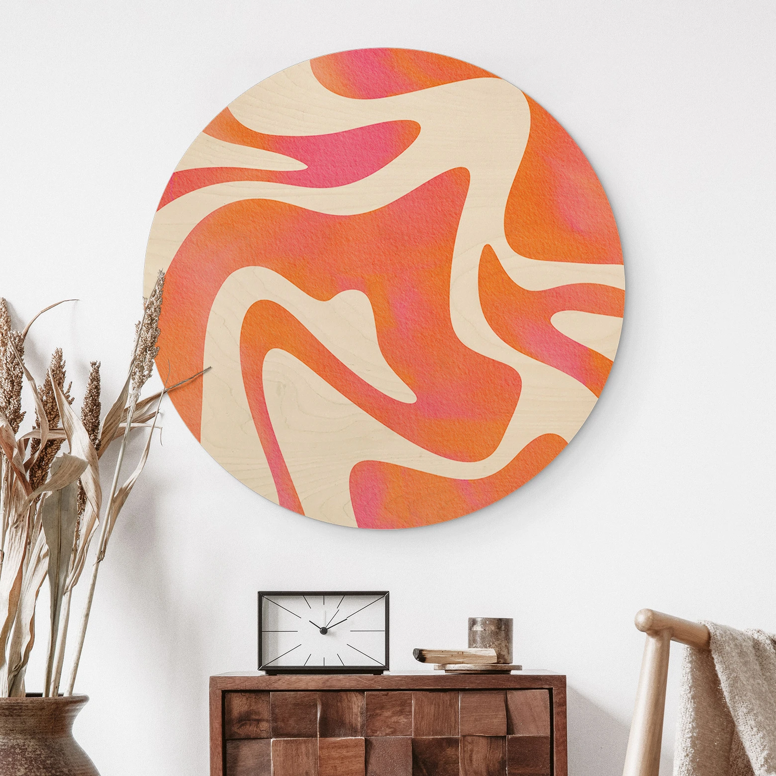 Holzbild Abstrakte Wellen in Orange-pink - Bloom - Rund | wall-art.de