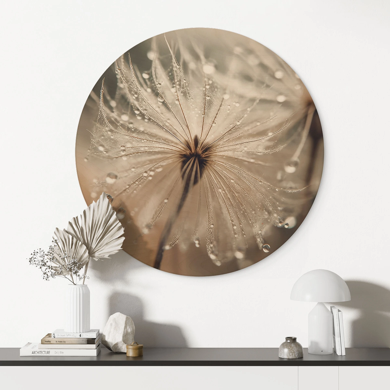 Holzbild Pusteblume in Morgentau - Treechild - Rund | wall-art.de