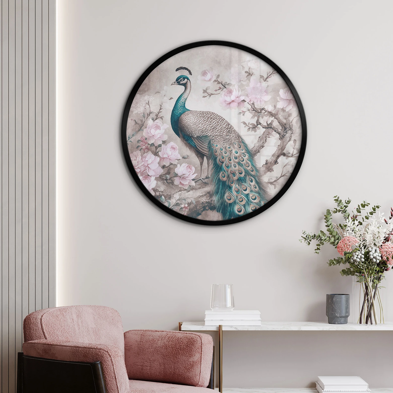 Poster Edler Pfau mit Blüten - Haase - Rund | wall-art.de