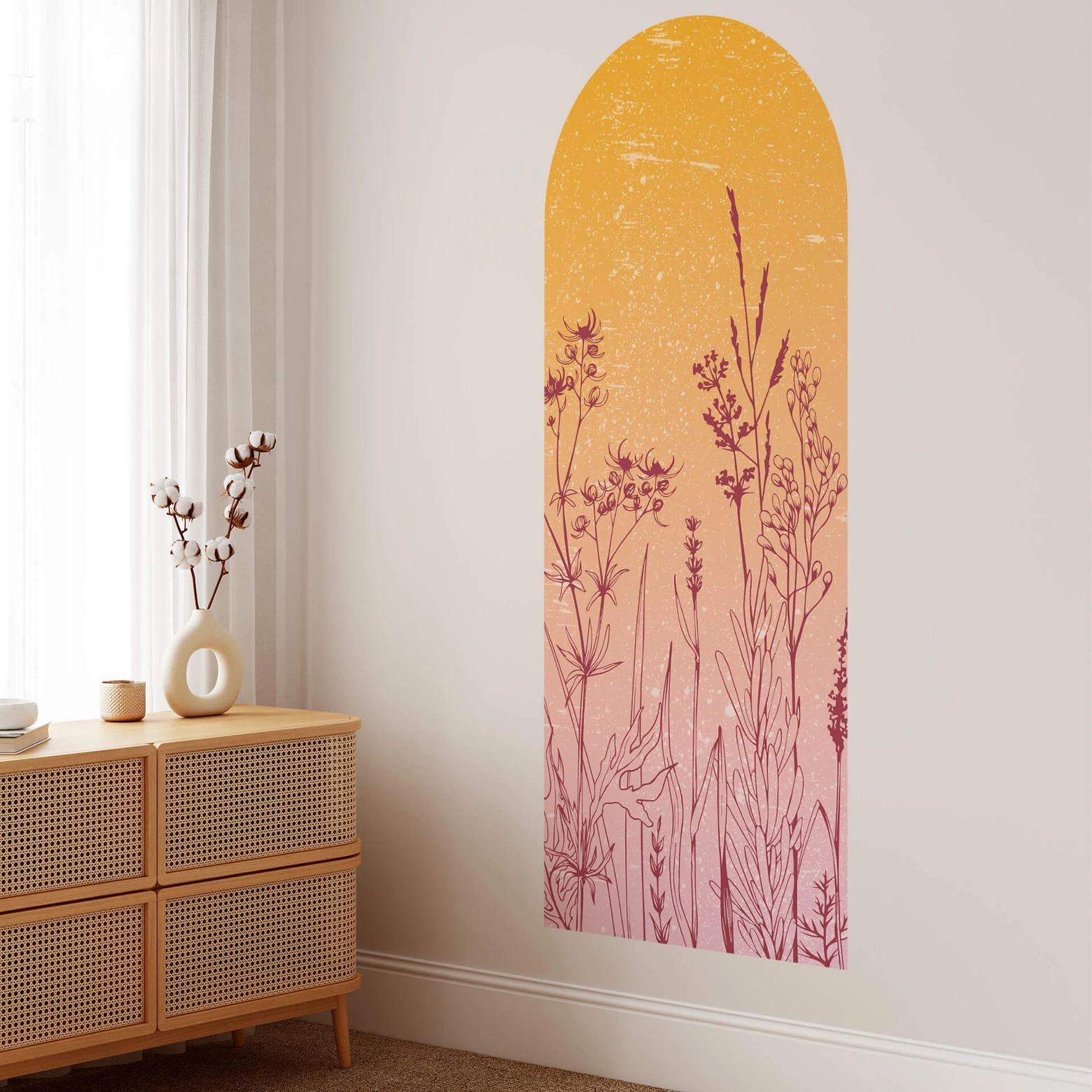 Muursticker Ronde boog veldbloemen oranje-roze | wall-art.nl