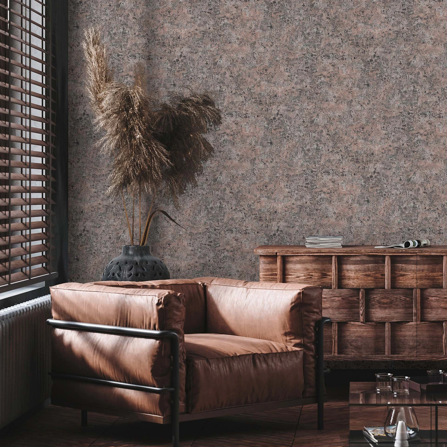 vliesbehang industriële stijl behang koper, zwart, zilver roesteffect ...