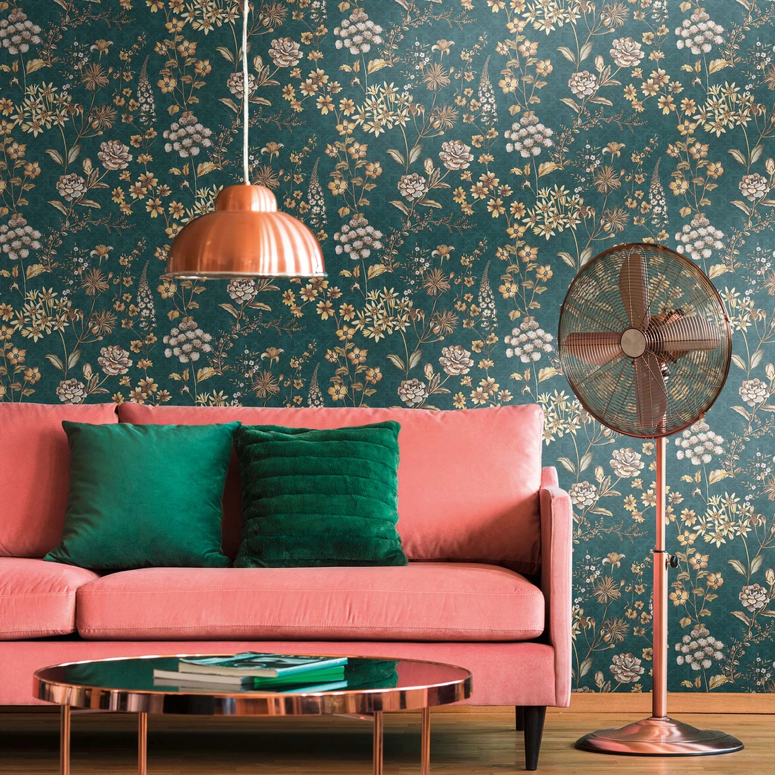 Bloemen behang petrol, geel vintage landhuis behang planten, bladeren ...