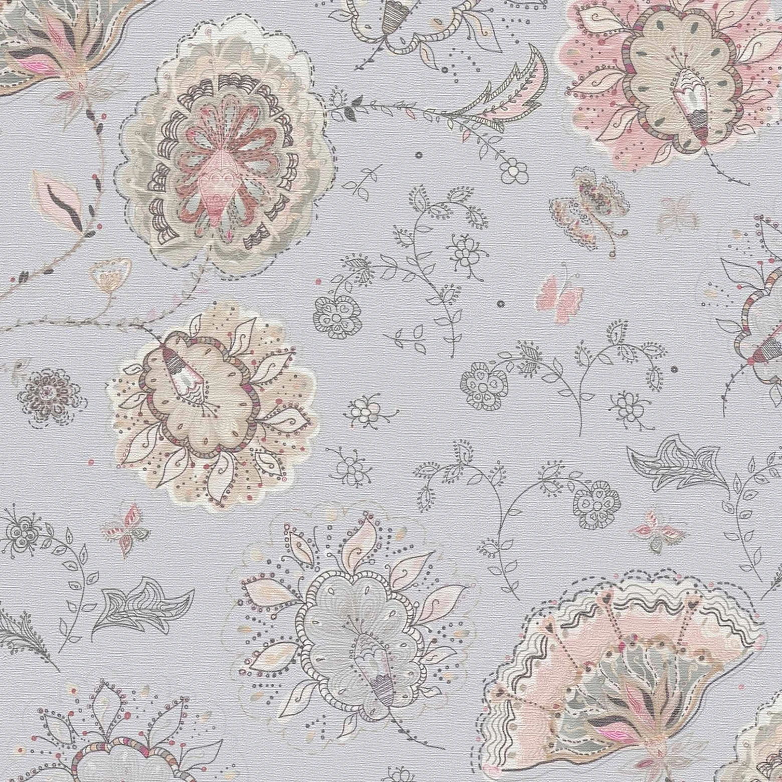 klassiek bloemen behang grijs roze - vliesbehang natuur - planten ...