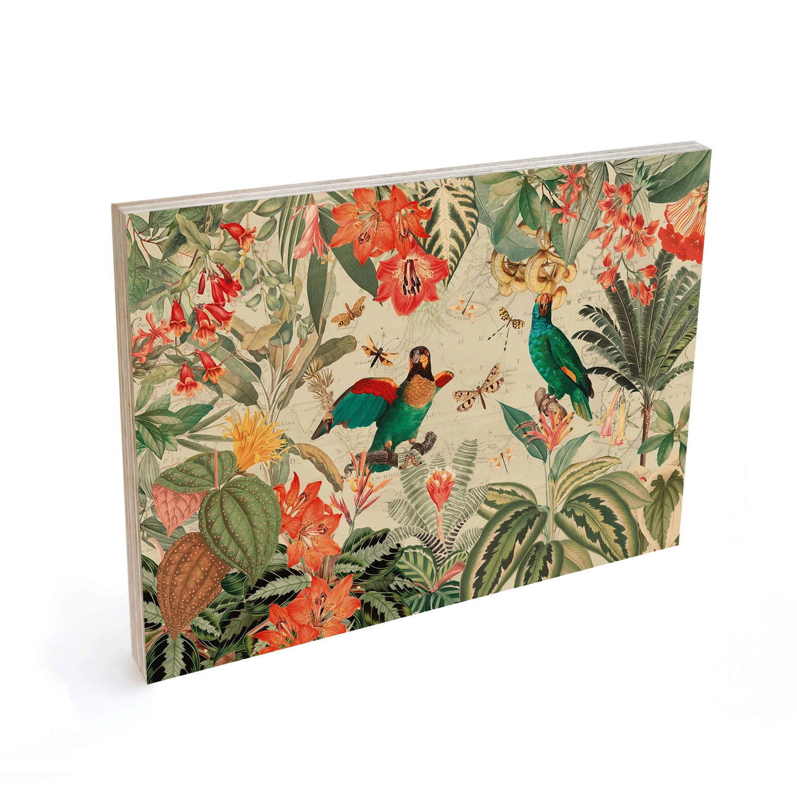 Houten Poster Exotische jungle met papegaaien - UN Designs | wall-art.nl