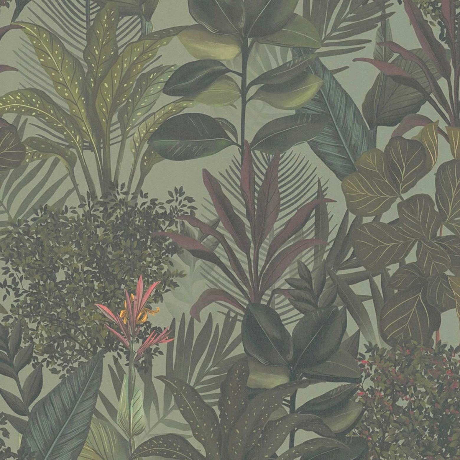 patroon behang planten en grassen groen rood - jungle behang met ...