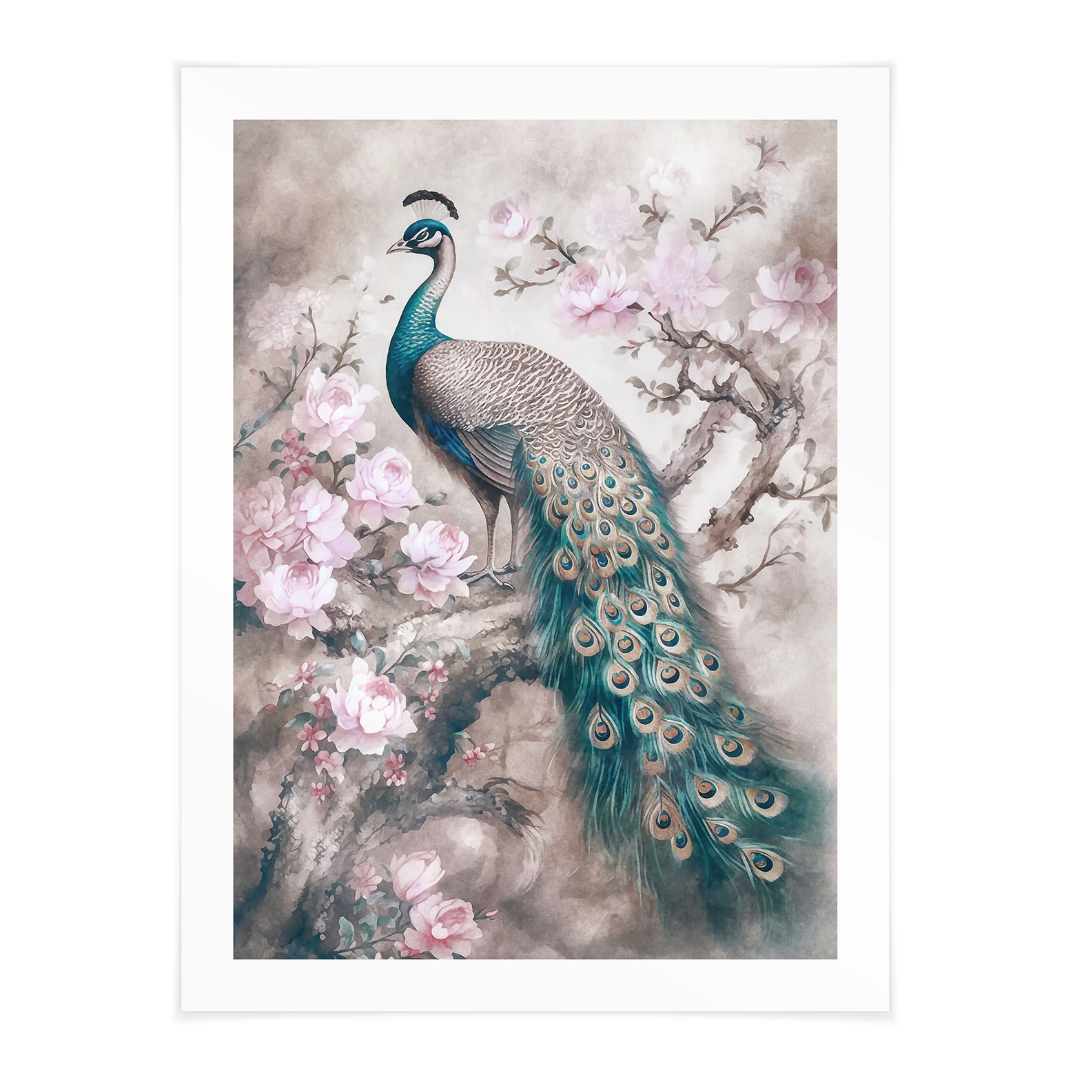 Poster Pauw met bloemen - Haase | wall-art.nl