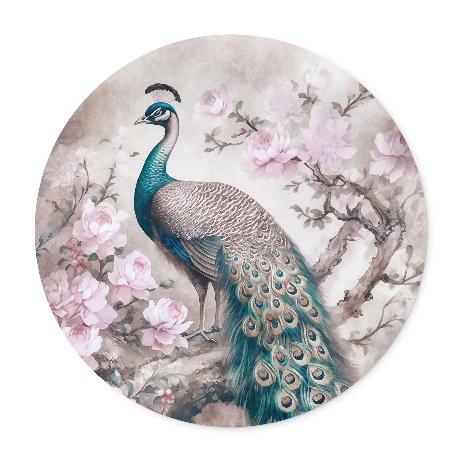 Poster Edler Pfau mit Blüten - Haase - Rund | wall-art.de