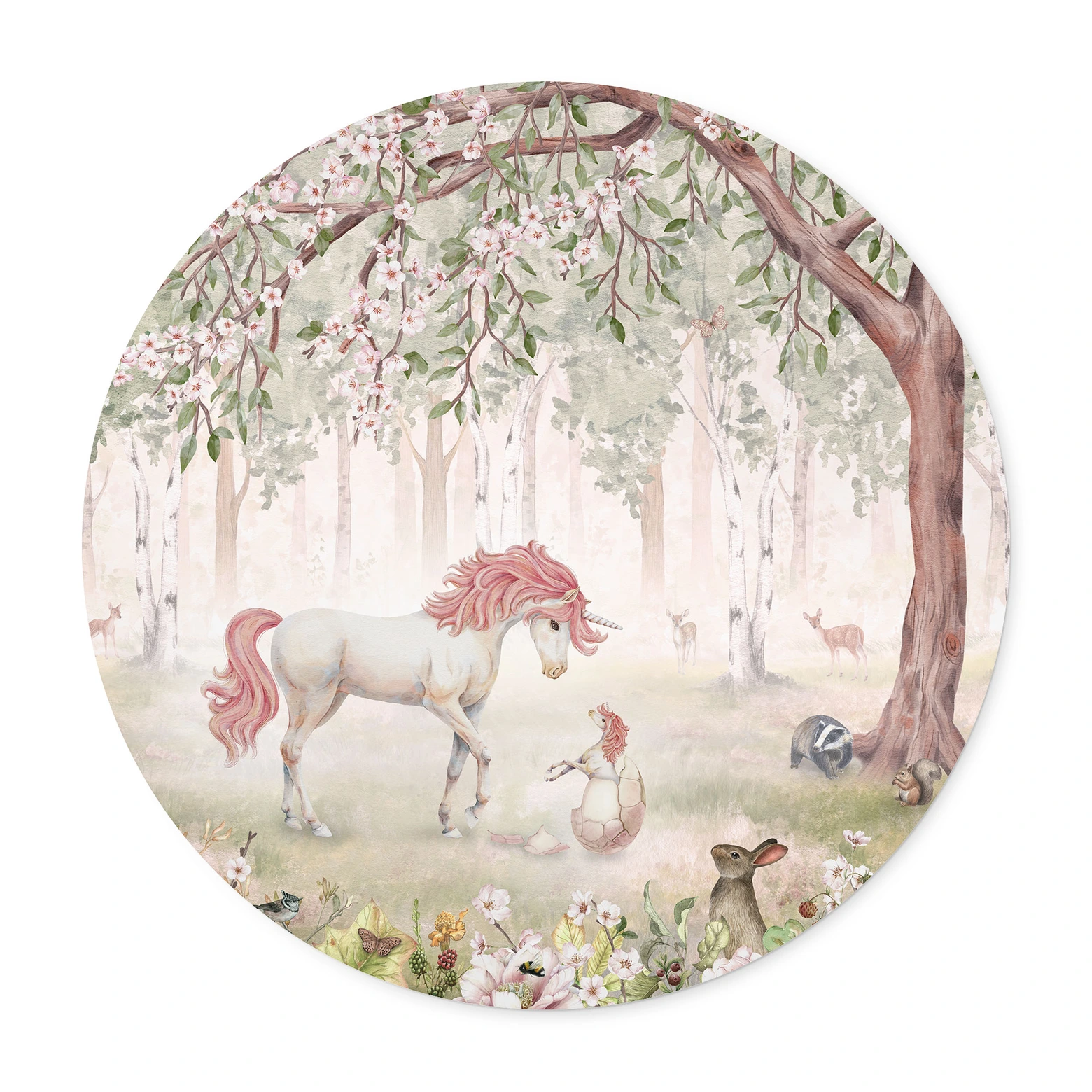 Poster Märchenhafter Wald mit Einhörnern - Kikki Belle - Rund | wall-art.de