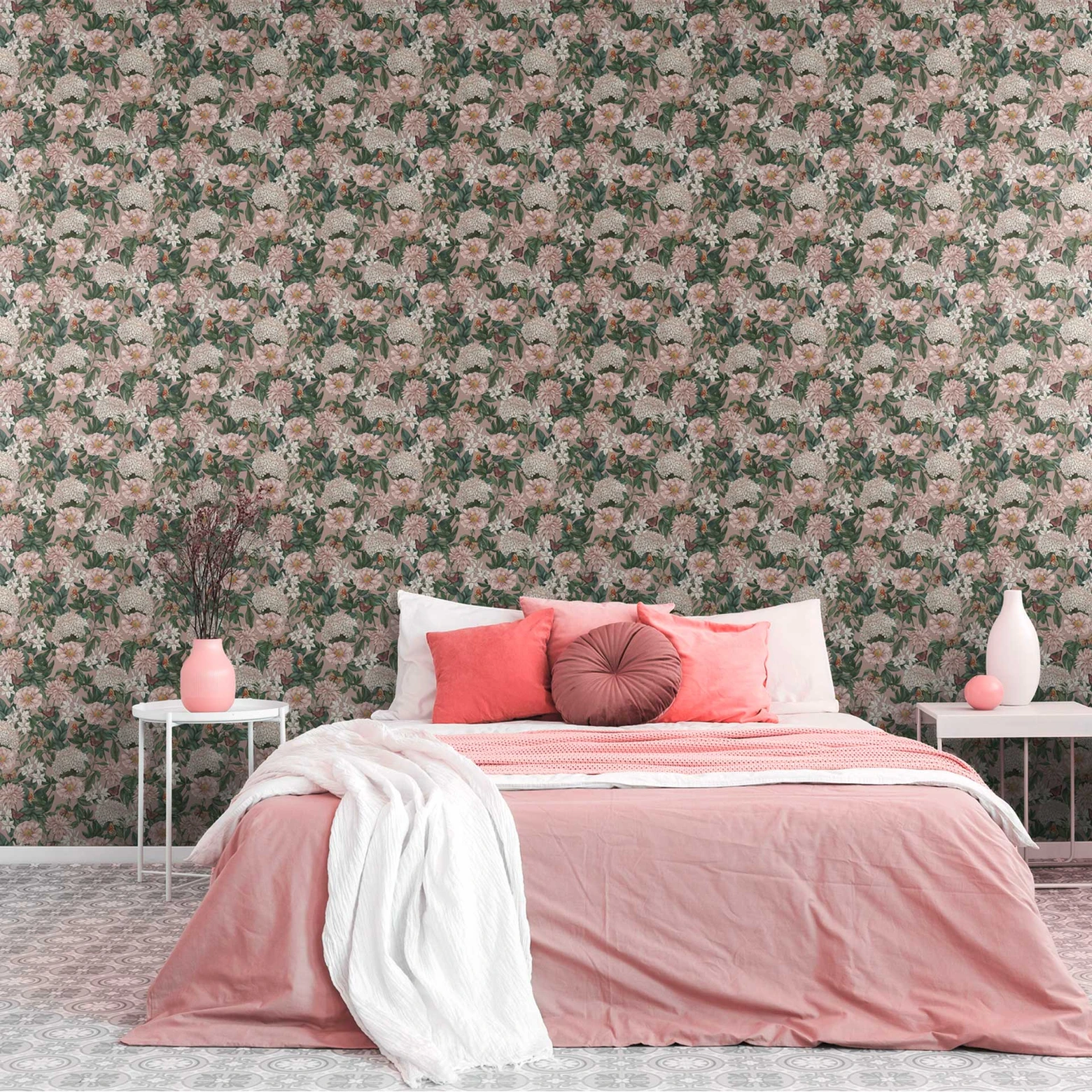 bloemen behang met vlinders roze groen - vliesbehang met lichte ...