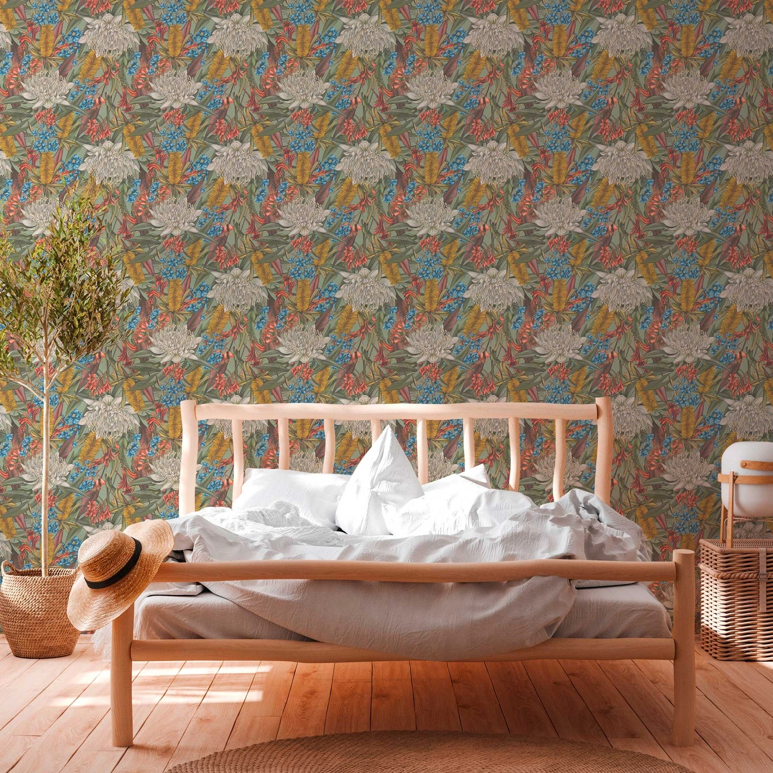 Vliestapete mit Dschungel-Muster Grün - Tapete mit großen Blüten bunt ...