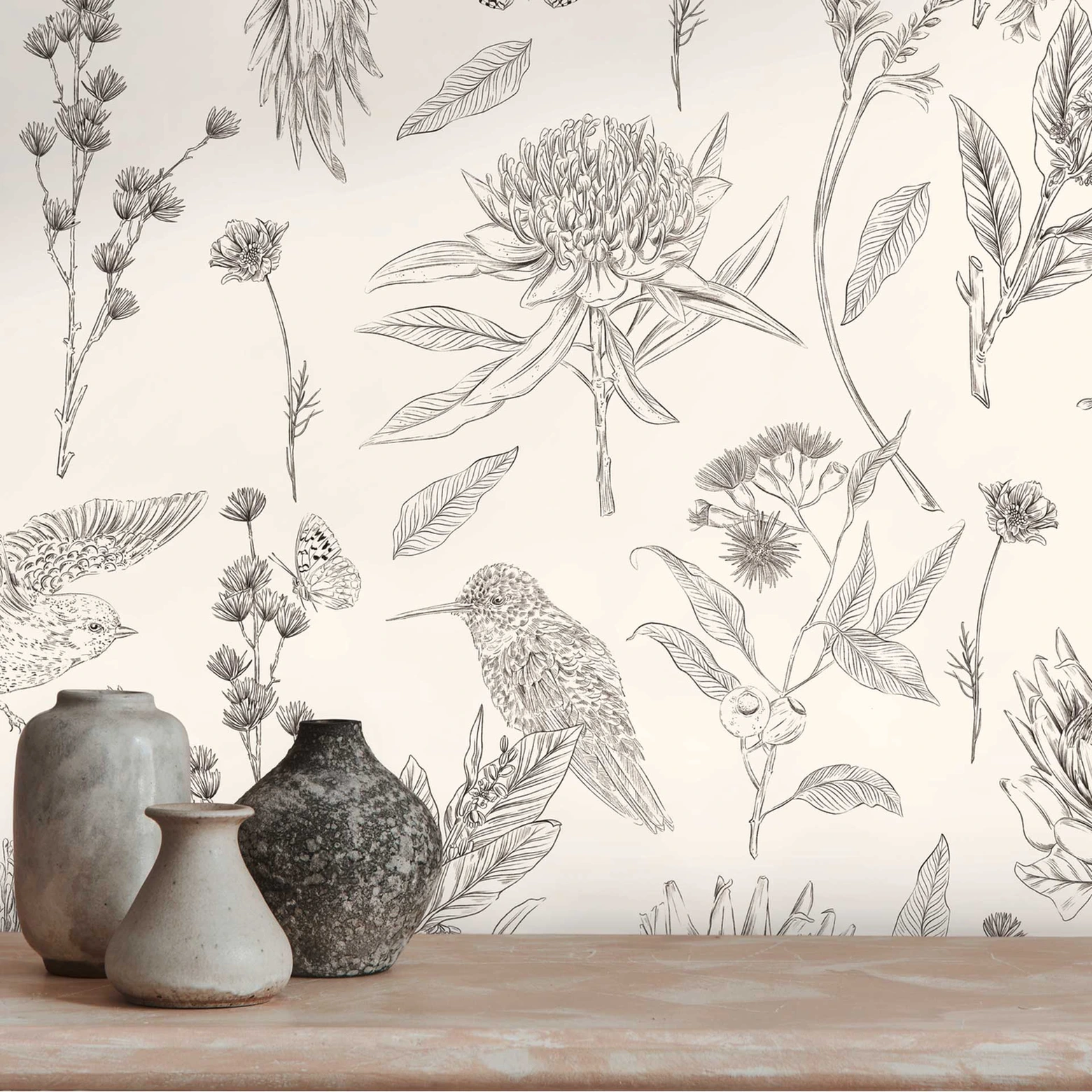 vliesbehang met bloemen en vogels zwart wit - behang bloemmotieven ...