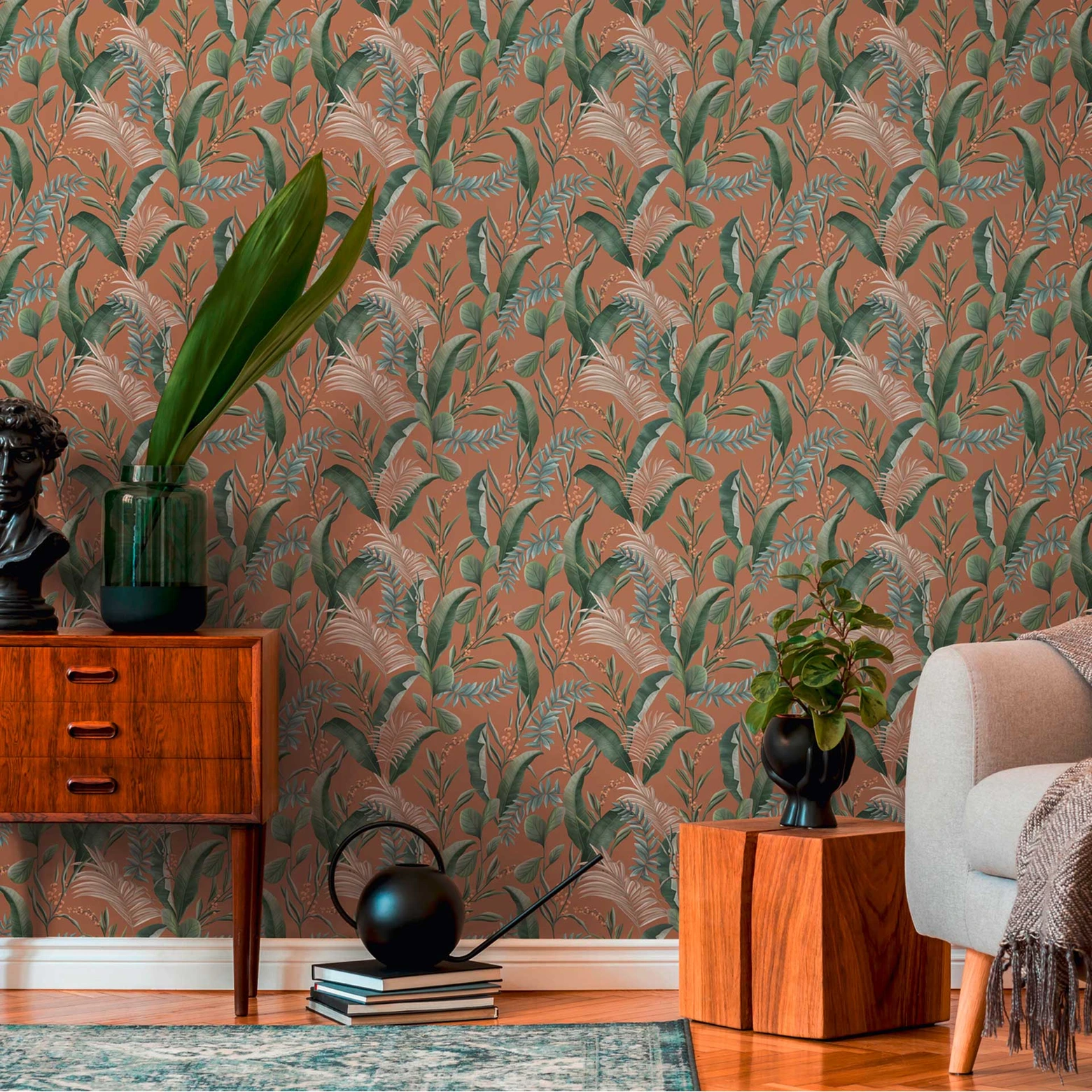 patroonbehang met bladeren en grassen oranje groen - jungle vliesbehang ...