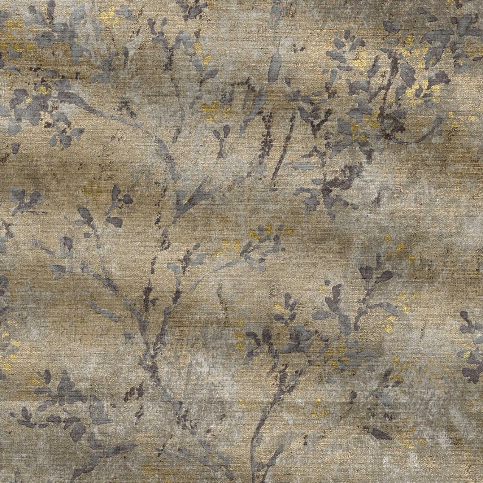 Botanisch behang grijs geel - bloemenpatroon vliesbehang - bloemen ...