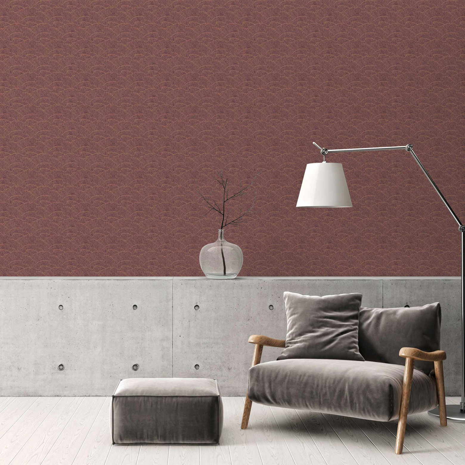 grafisch golfpatroon behang rood goud - vliesbehang met metallic effect ...