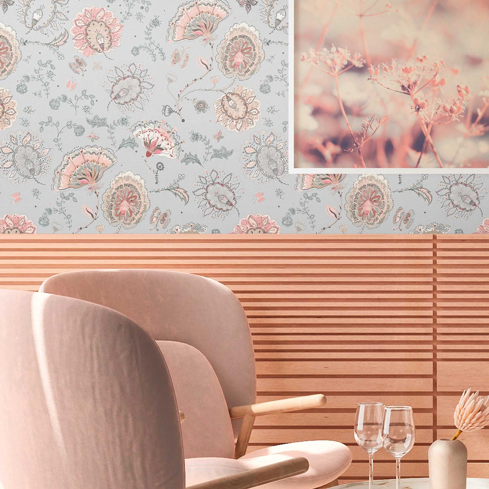 klassiek bloemen behang grijs roze - vliesbehang natuur - planten ...