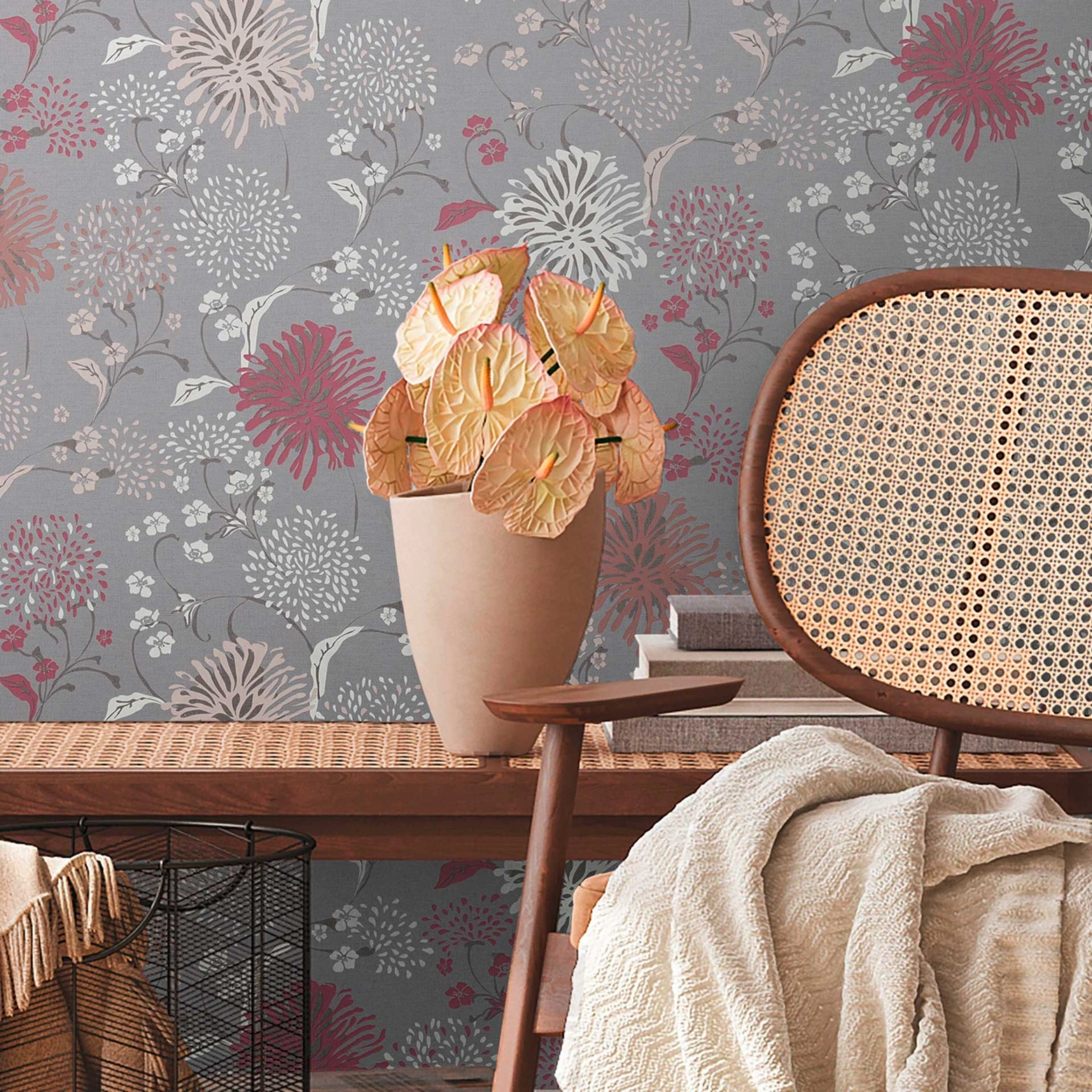 Tapete Floral Grau Weiß - Blumentapete Abstrakt - Vliestapete Natur Wohnzimmer | wall-art.de