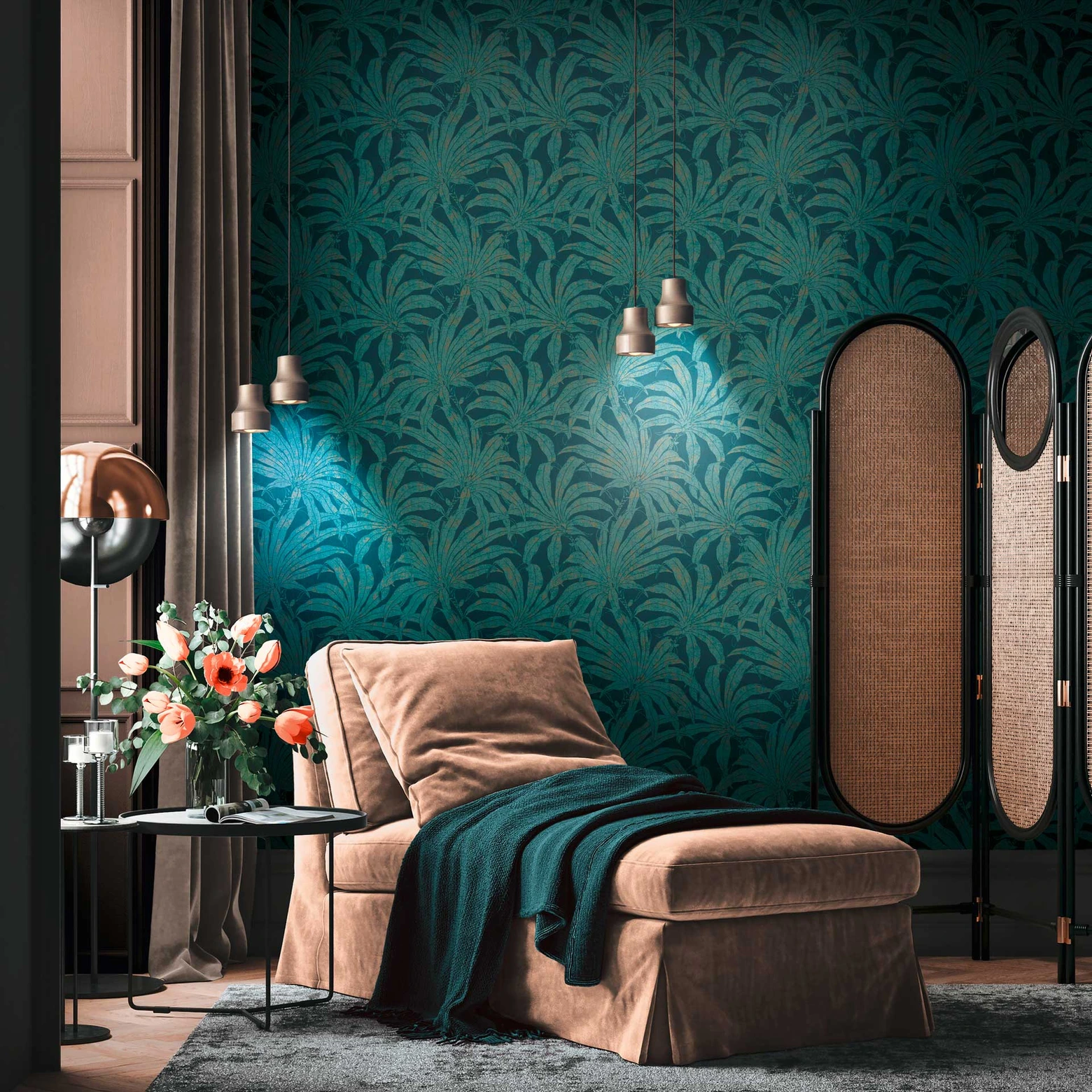 planten behang licht glanzend blauw goud - patroon behang met jungle ...