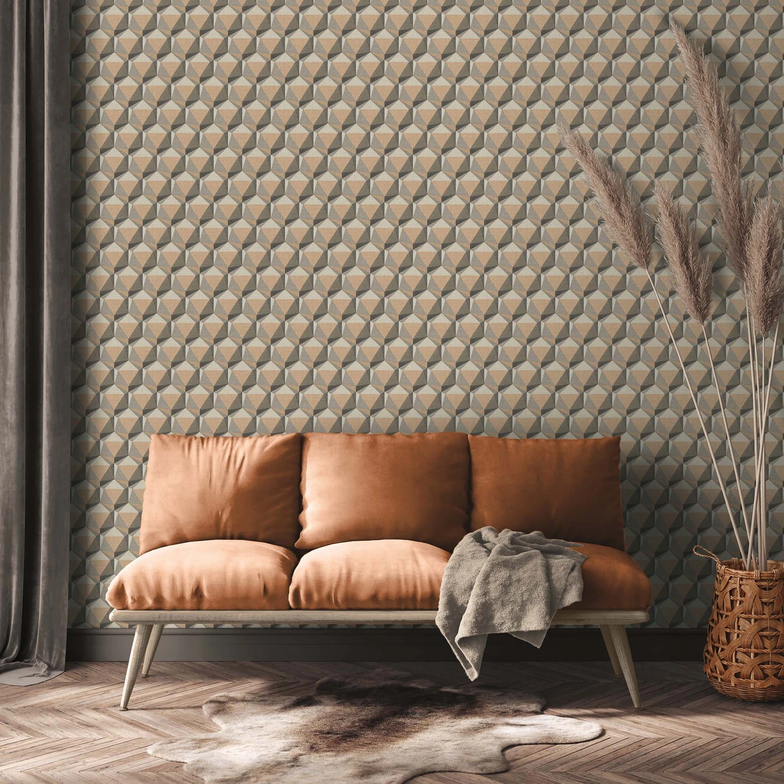 3D behang beige grijs - modern geometrisch vliesbehang | wall-art.nl