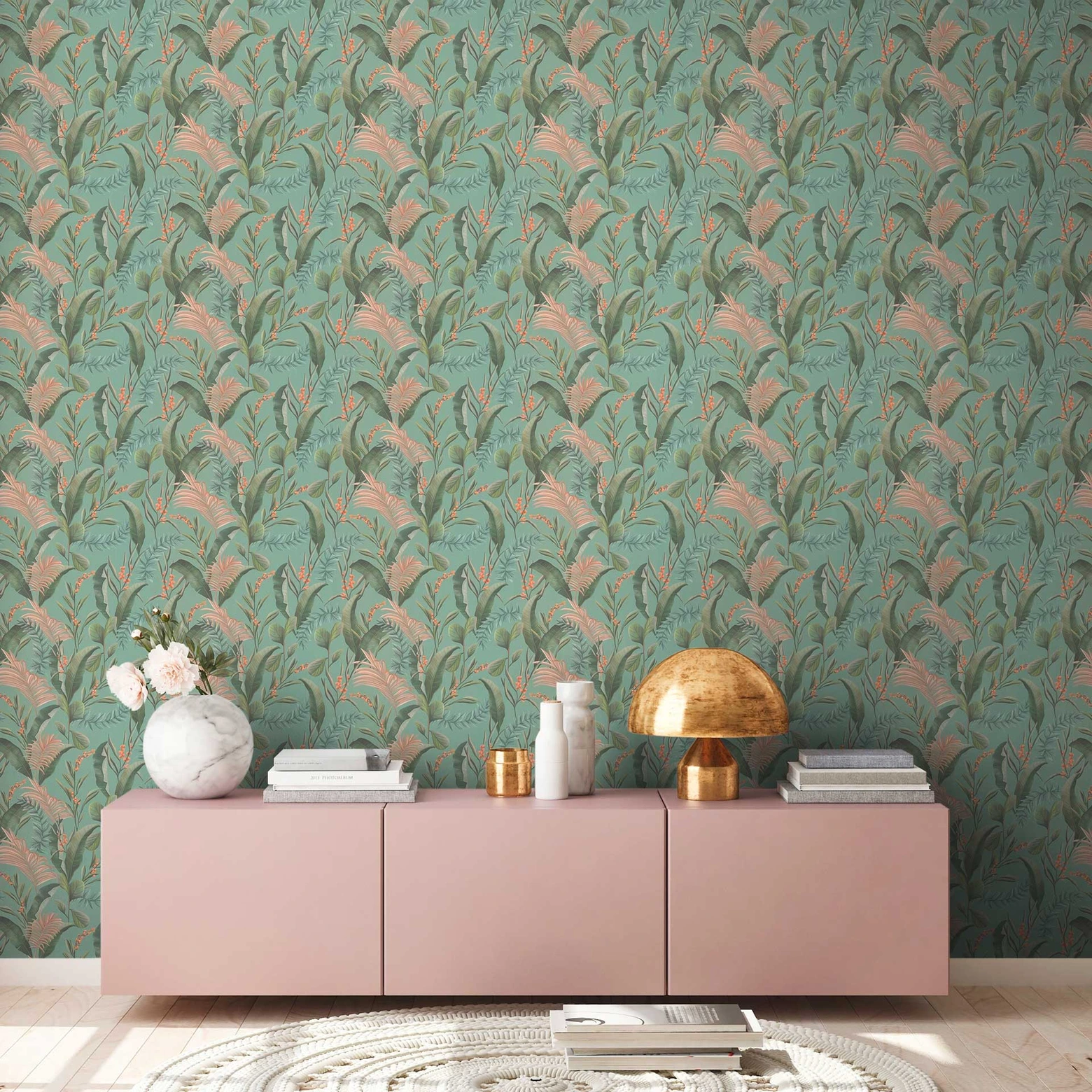 behangpapier met bladeren en grassen turquoise groen - jungle ...