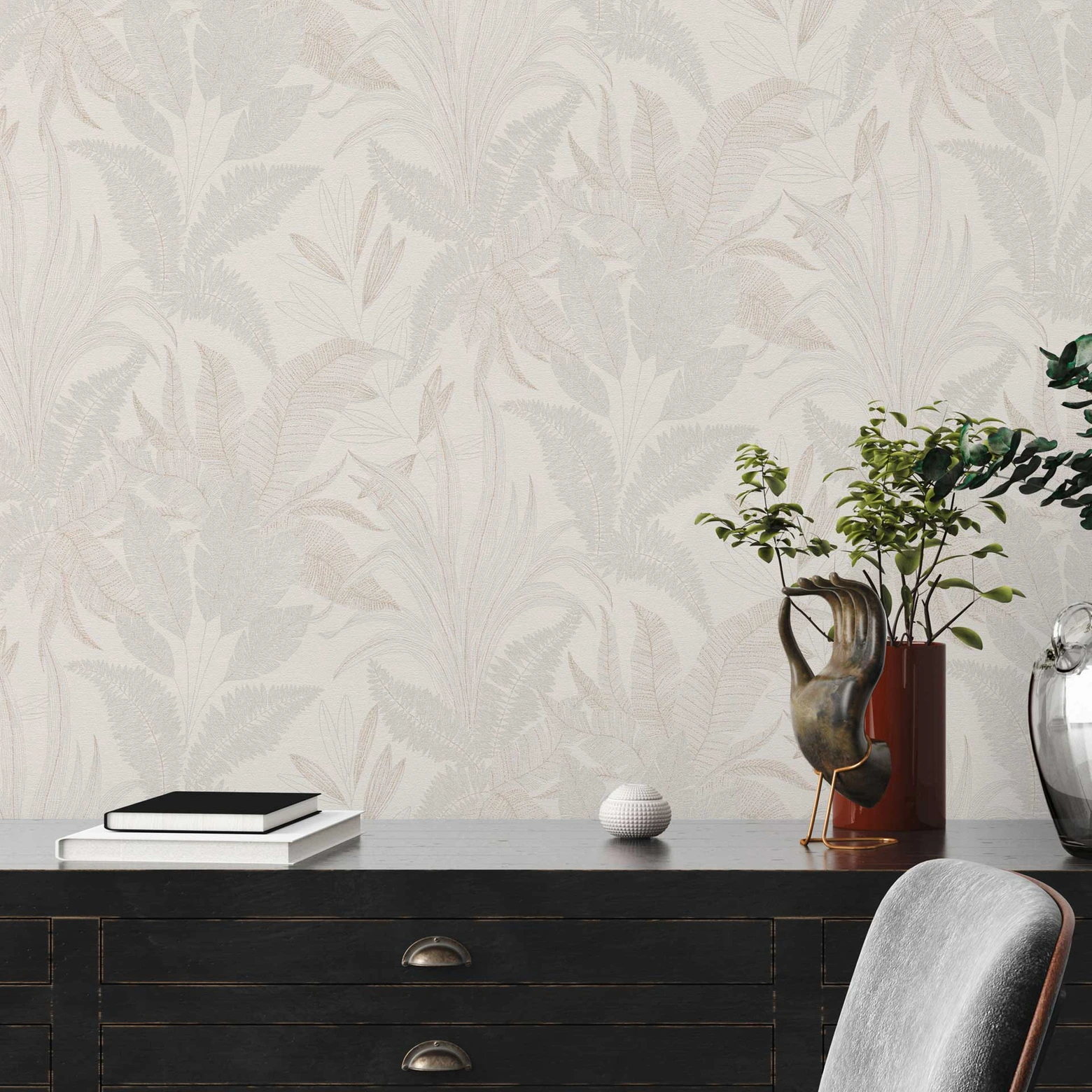 Botanisch vliesbehang in crème en wit - behang met bladmotief voor een ...