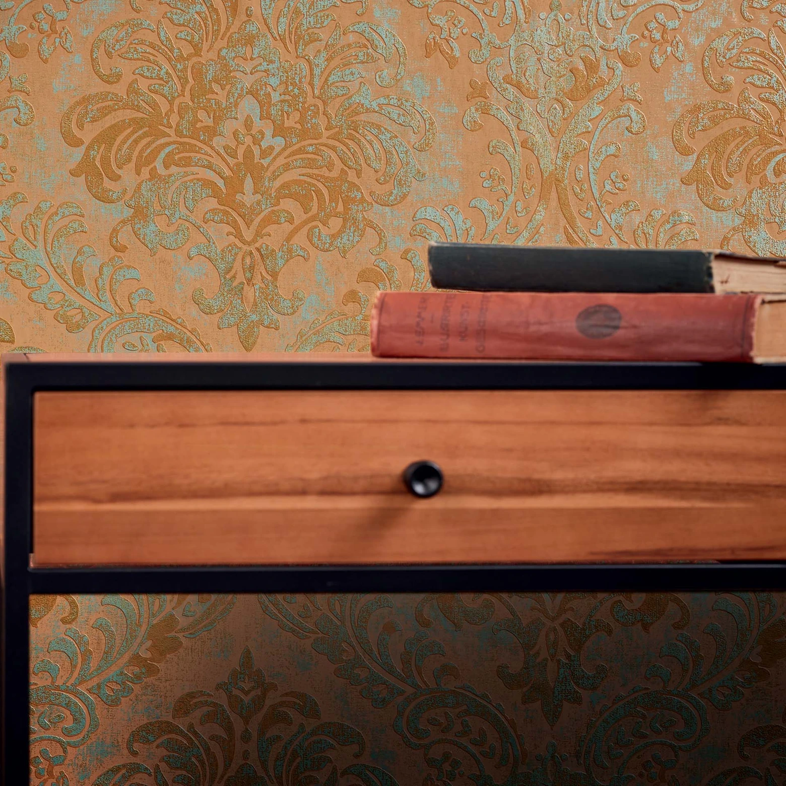 Barok behang oranje - vintage klassiek vliesbehang met ornamenten ...