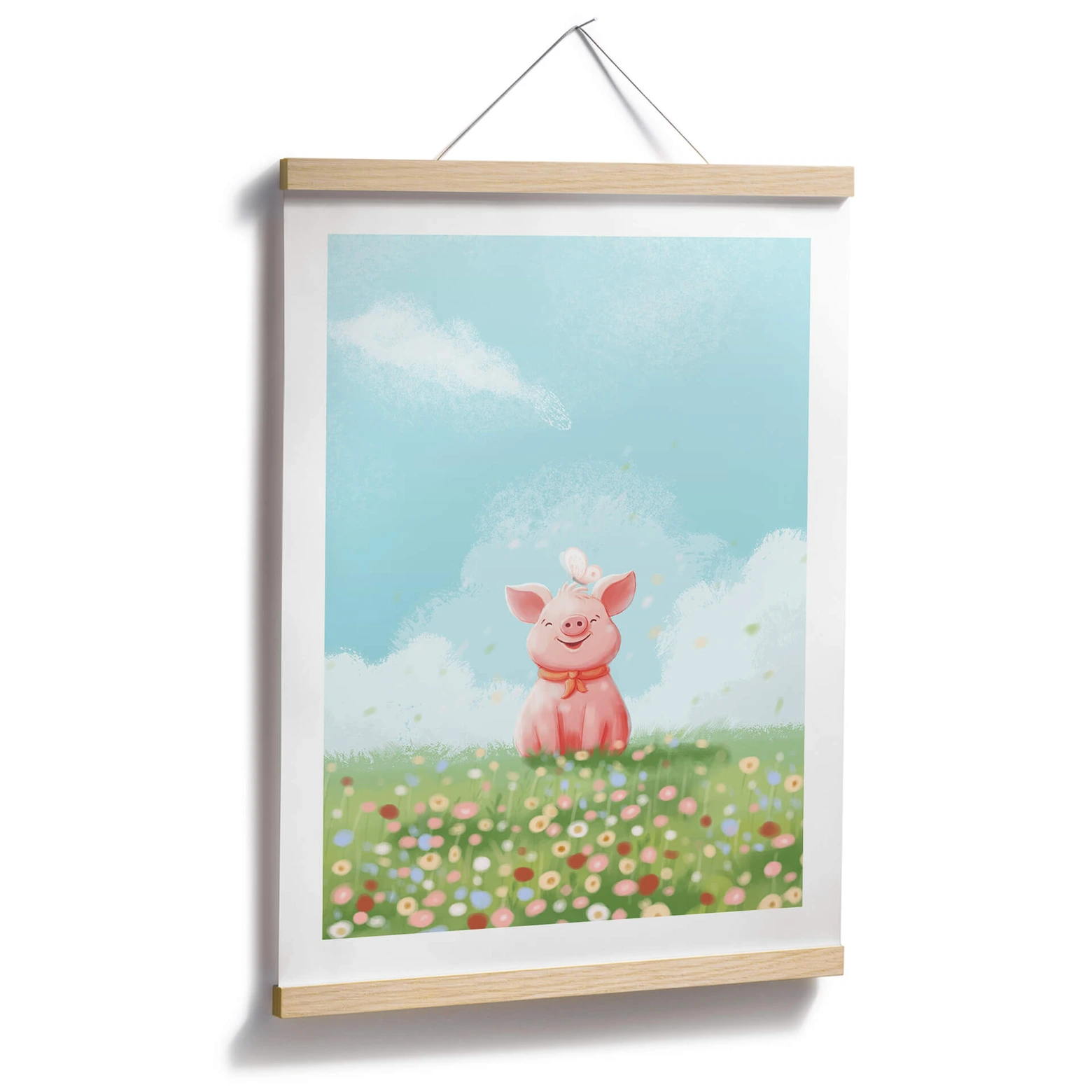Poster Thaï - Petit cochon joyeux dans la prairie d'été | wall-art.fr