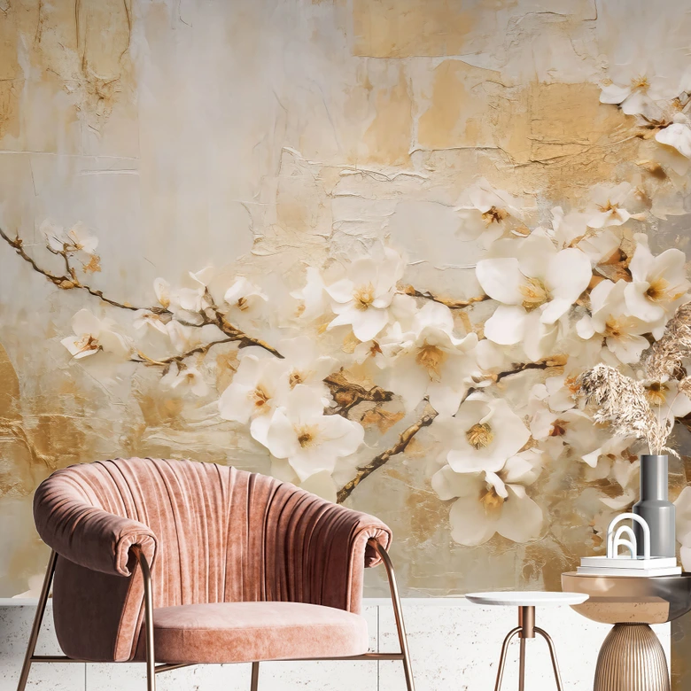 Fotobehang Tak bloemen op vintage goud - Paksoylu | wall-art.nl