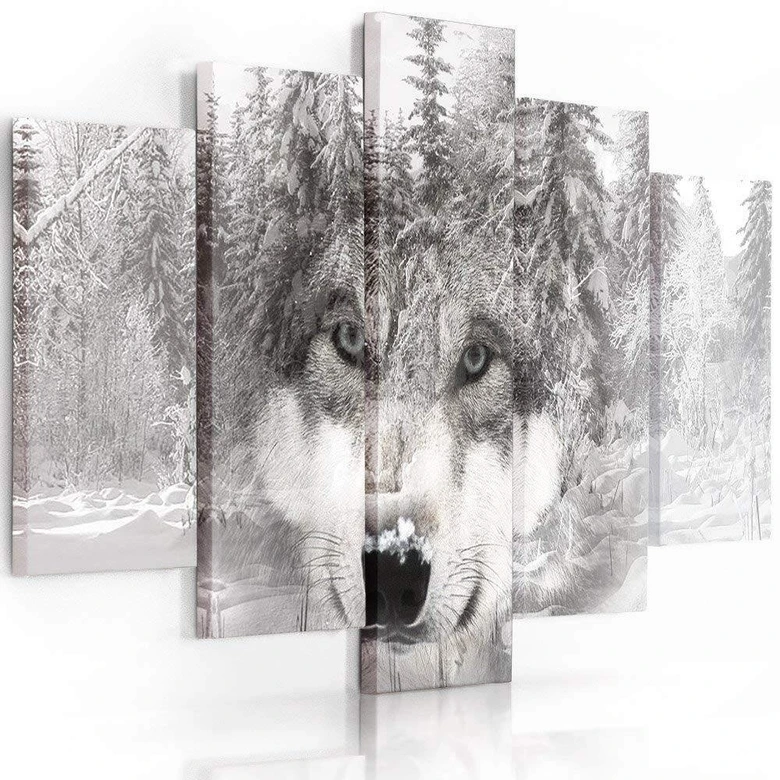 Wandbild 5-teilig, Wolf Wald Tier Grau | wall-art.de