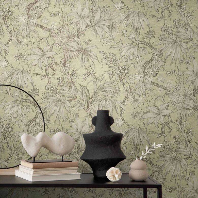 Botanisch behang groen beige - exotisch Vliesbehang met bladeren ...