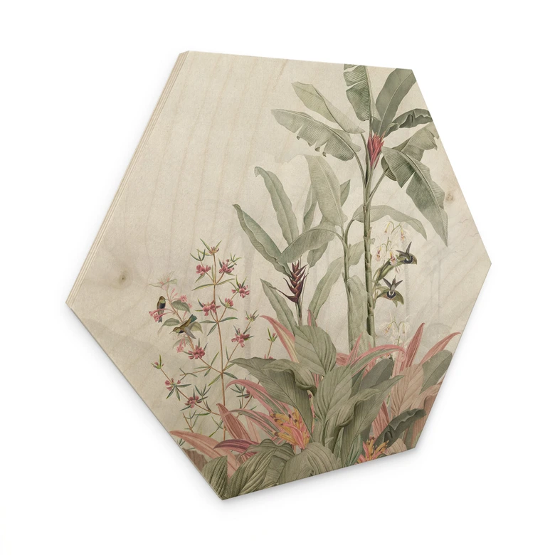 Sekskantet billede af træ tropisk idyl med kolibri blå - Bloomery Decor | wall-art.dk