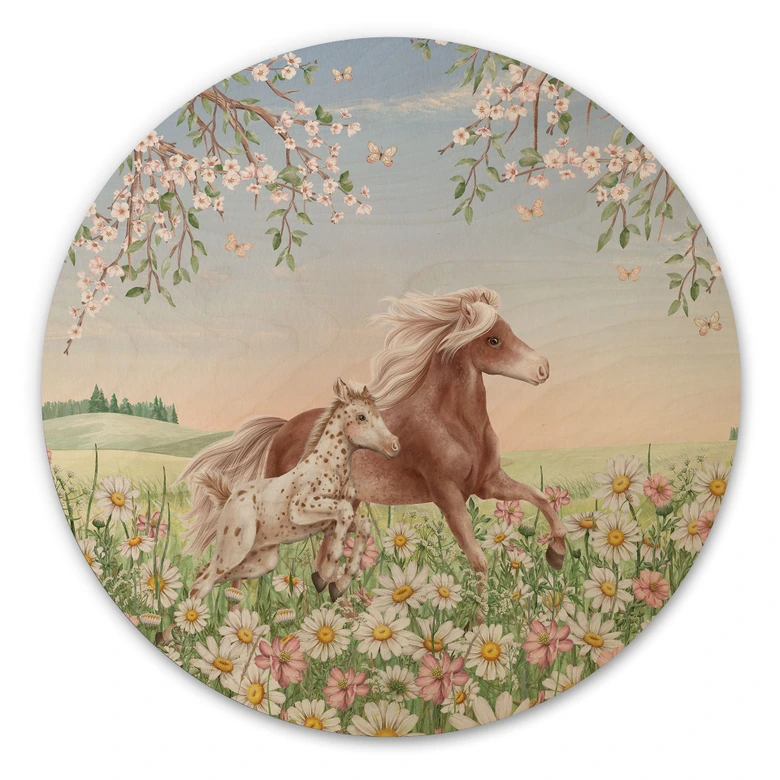 Houten Wanddecoratie Paarden in de bloemenweide - Kikki Belle - Rond ...