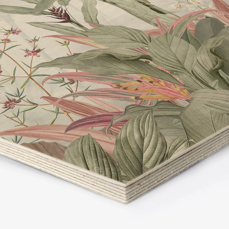 Sekskantet billede af træ tropisk idyl med kolibri blå - Bloomery Decor | wall-art.dk